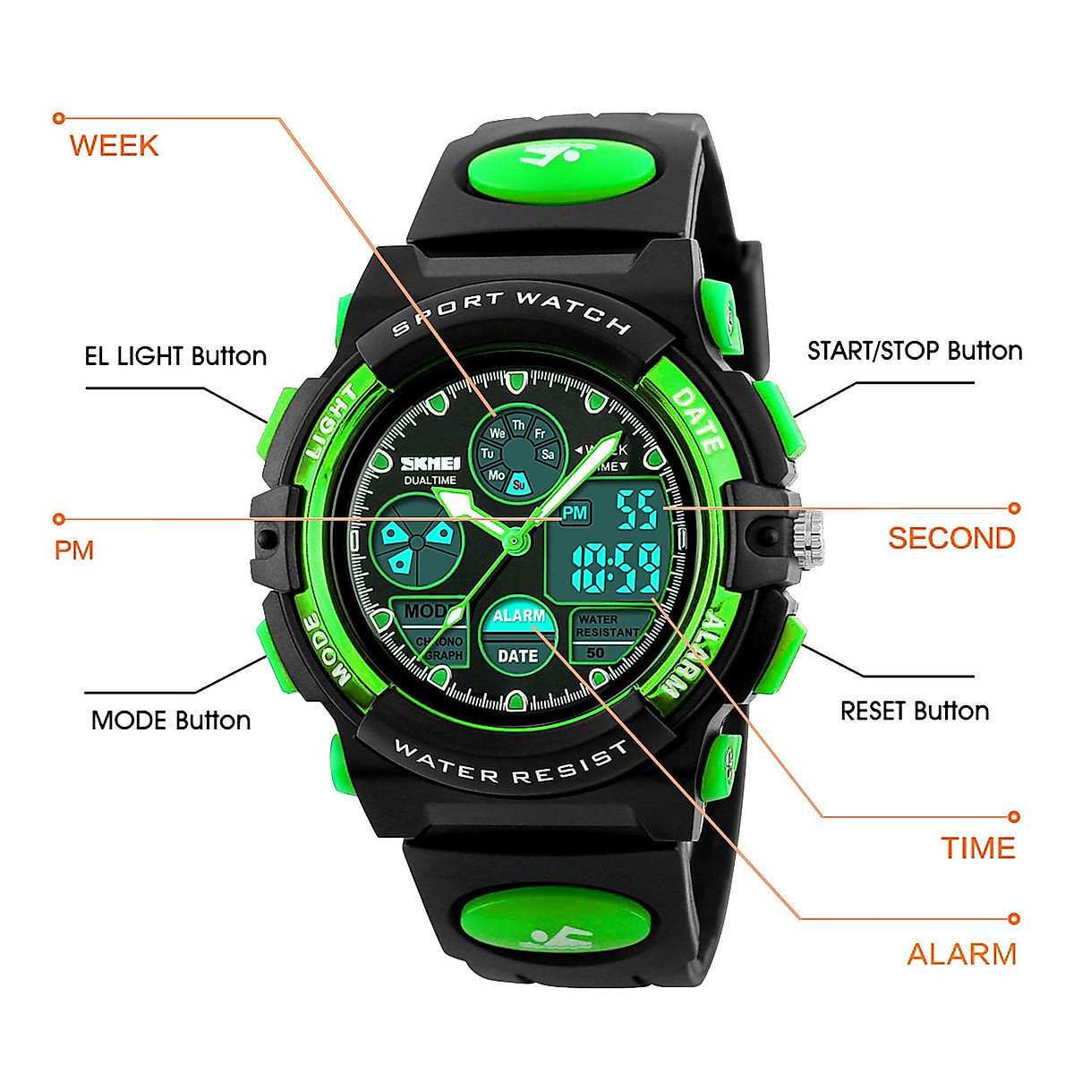 Kid's Digital Watch LED Outdoor Sports 50M Waterproof Watches Boys Children's Analog Quartz Wristwatch with Alarm - Green