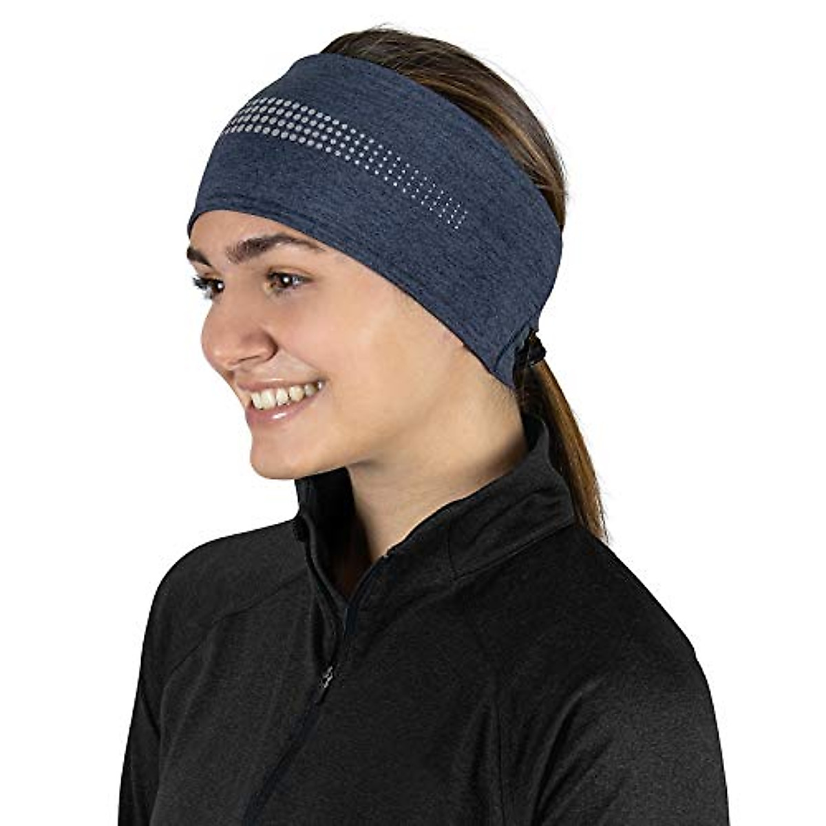 TrailHeads Womens Ponytail Headband - Reflective, Moisture Wicking Hair Headband for Running, Winter - Adrenaline Series - Black/Heather Navy Reflective - 2 Pack