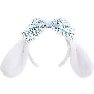 Staryes Cute Fuzzy Head Bands for Girl's Hair, Handmade Lolita Hairband with White Long Ears and Blue Lace Bow Decor, Comfortable Kawaii Headband for JK Outfit, Costume party, Cosplay, Easter