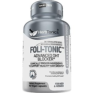 Foli-Tonic DHT Blocker & Hair Loss Supplement | Hair Thinning Treatment & Promotes Healthy Thicker Hair Growth | with Saw Palmetto & Biotin for Men & Women | 60 Vegan Capsules (60 Count (Pack of 1))