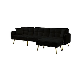 FREESNOOZE 107'' Convertible L-Shaped Velvet Sleeper Sofa Bed Living Room Sectional Sofa with Removable Ottoman and Tapered Metal Legs, Black