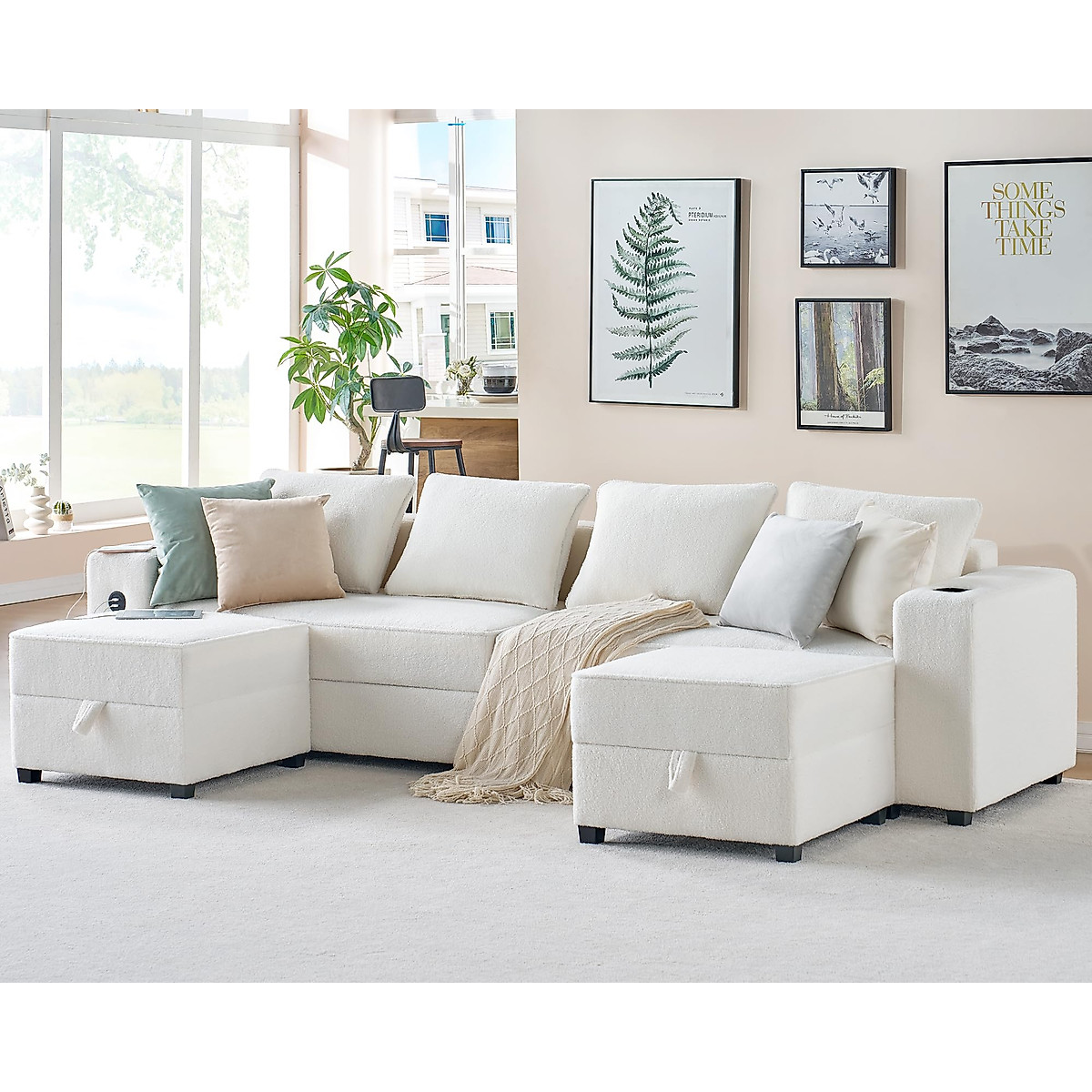 AMERLIFE 114 Inch Sectional Sofa,6 Seats Modular Sectional Sofa with Storage, U Shaped Couch with 2 USB Ports &Cup Holders, Ottomans, 4 Pieces Set White Bouclé Sofa Couch