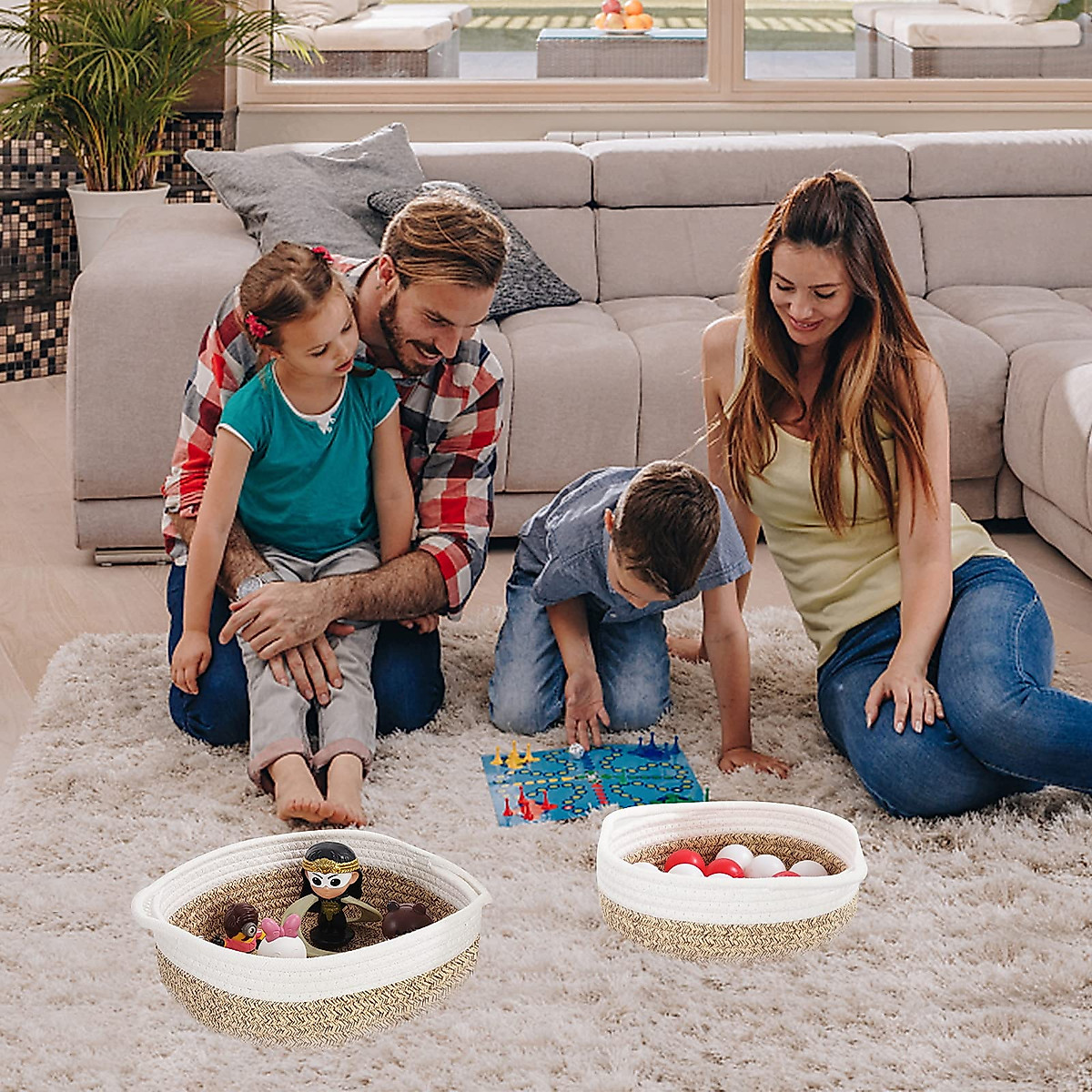 VIEIRO Storage basket set of 5 100percent cotton rope woven small baskets, household storage bins with handles, used for nursery supplies, clothes/toys/keys/books/cosmetics/woven storage basket,Brown