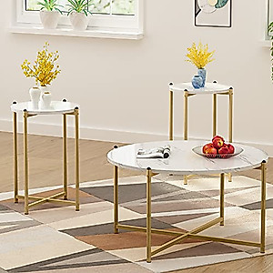 DKLGG Coffee Table Set of 3, Modern Round Coffee Table & 2pcs End Table Faux Marble Tabletop with Gold Cross Base Frame, Modern Living Room Table Sets for Apartment, Small Space (Gold)