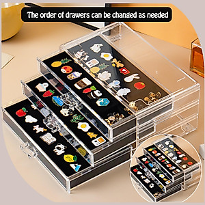 SPAKOWN Pin Display Case, 3 Drawers Enamel Pin Display Box Dustproof Pin Collection Display Holder Pin Organizer for Collectors (Black)