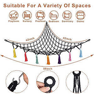 KanYool Stuffed Animal Net or Hammock, Boho Net Hammock for Stuffed Animals with Led Lights Wall Corner Storage Hanging Plush Toy Net with Tassels Teddy Bear Net Black