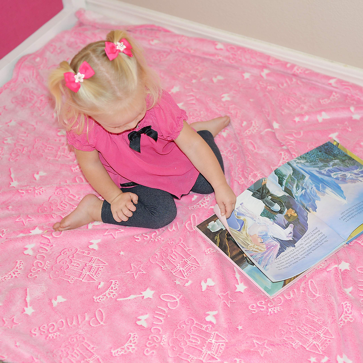 Princess Blanket Glow in The Dark Luminous Magical Blanket for Little Girls - Soft Plush Pink Fantasy Castle Blanket Throw for Kids - Large 60in x 50in Glowing Stars Blankets Gift for Girls