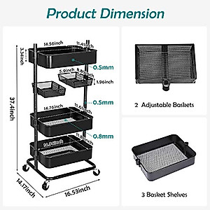 Anstar 3-Tier Rolling Utility Cart with 2 Rotatable Trays Adjustable Multifunction Storage Cart with Lockable Wheels Easy Assembly Makeup Cart Trolley Cart for Kitchen Bathroom Garage Salon (Black)