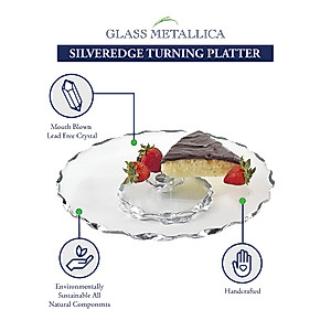 Badash Silveredge Rotating Glass Platter - 13" Hand-Decorated Chiseled Edge Round Lazy Susan Tray for Cake, Pastry, Cookies, Pie - Food-Safe & Great for Entertaining