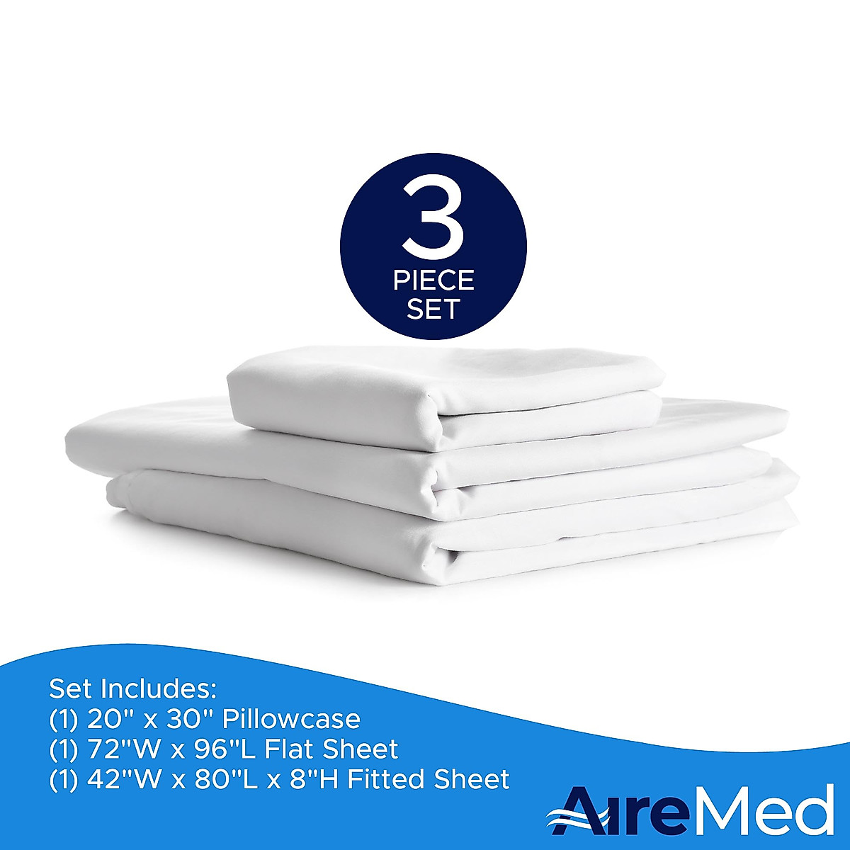 AireMed Bariatric Hospital Bed Sheets Set - 42 x 80 - Soft, Durable, and Hygienic Bedding for Home & Facilities - Flat Sheet, Fitted Sheet, and Pillowcase - 50/50 Cotton-Poly Blend - 200TC