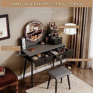 DOLILO 35" Vanity Desk with Mirror and Lights, Makeup Vanity with Lights, 3 Modes Brightness Adjustable, Vanity Mirror with Lights and Table Set with Vanity Stool 3 Sliding Drawers (Iron Grey)