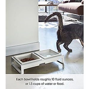 Yamazaki Home Tower Steel and Ceramic Pet Food Stand | 2 Bowls for Food and Water | Feeder for Small Cats and Dogs | Non-Slip - Short - 1.25 Cups, 300 Milliliters Per Bowl, White