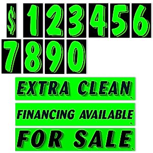 VERSA-TAGS 7.5" Black/Green Vinyl Number Decals 11 Dozen Set Windshield Pricing & 1 Pack of Each of Extra Clean, Financing Available, for Sale 14.5" x 2.75" Sticker Windshield Decal Auto Dealership
