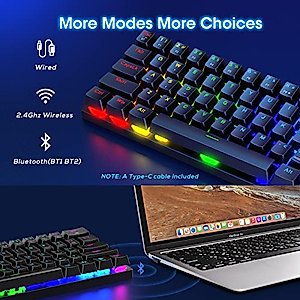 Pauroty 60% Wireless Mechanical Keyboard, Triple Mode 2.4G/USB-C/Bluetooth Keyboard, RGB Backlit, Clicky Blue Switch, 61 Keys Rechargeable Mini Wireless Gaming Keyboard for iPad Mac PC Xbox
