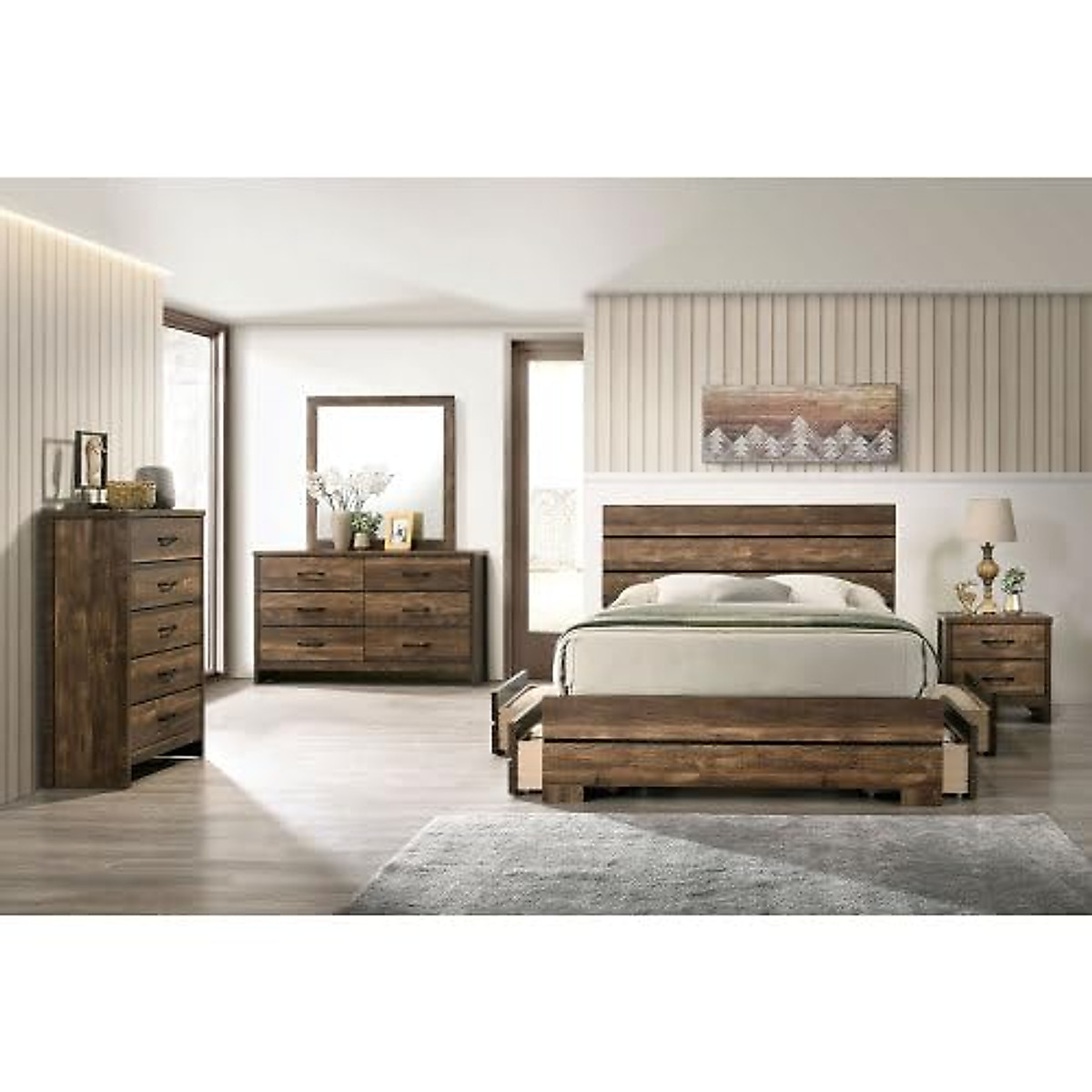 Modern Country Style nightstand Light Walnut Color Solid Wood Veneer Black bar pulls Bedroom Furniture