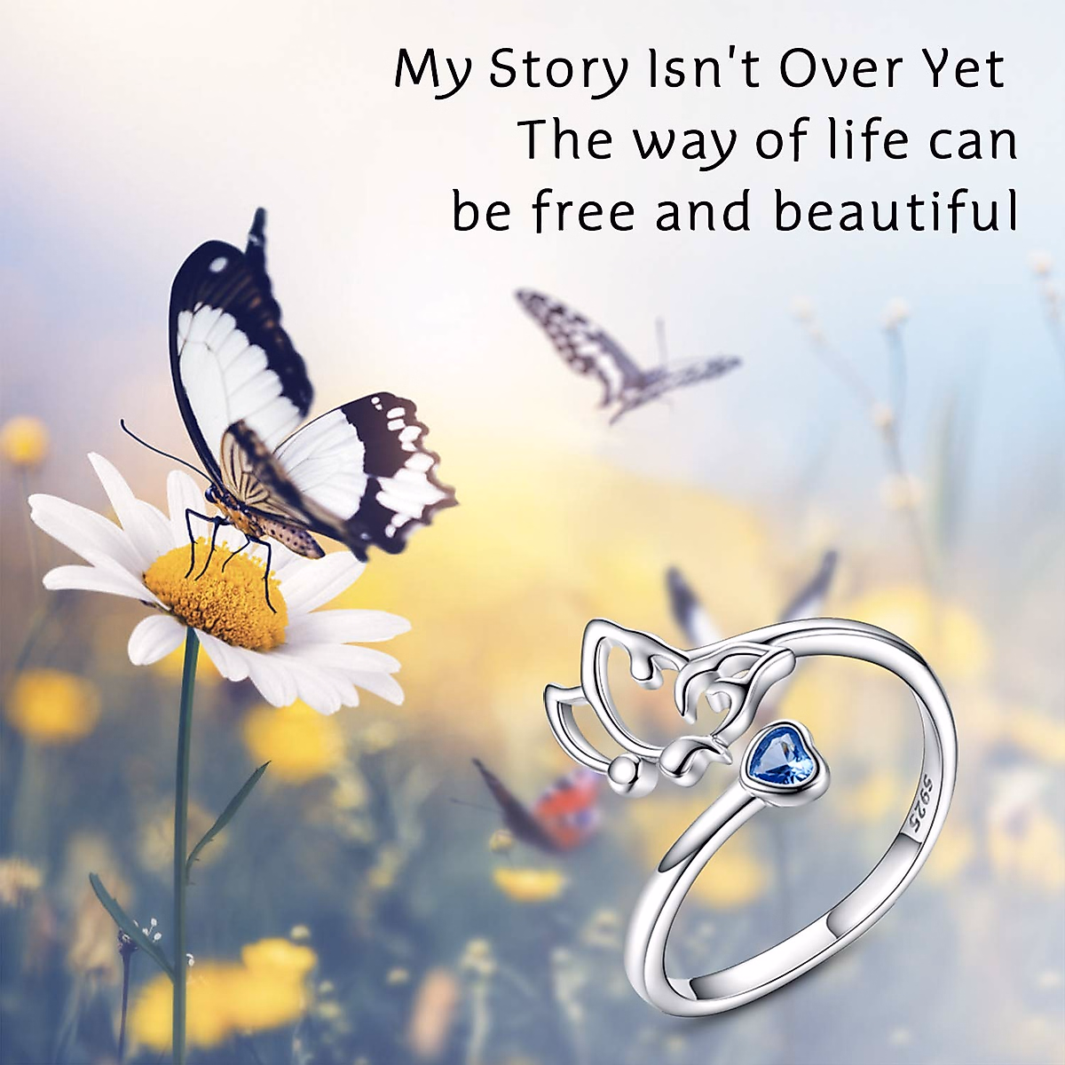 Butterfly Semicolon Ring 925 Sterling Silver Mental Health Awareness Inspired Rings Jewelry Gifts (A)