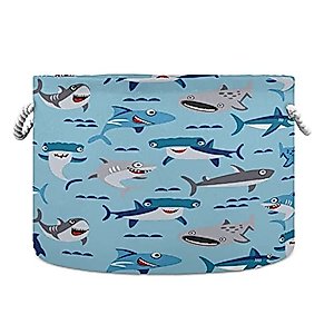 Kigai Cute Sharks Cotton Rope Basket Large Collapsible Baby Laundry Basket Blanket Basket Kid's Toy Storage Basket Organizer for Nursery Bedroom Home Decor