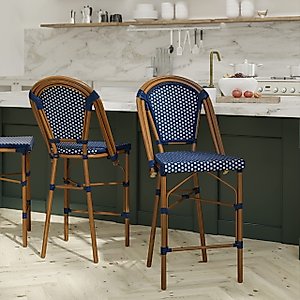 EMMA + OLIVER Soie Bistro Counter Stool - Stacking Indoor/Outdoor PE Rattan Counter Stool with Bamboo Finish Frame - 26" High - Set of Two - Navy/White