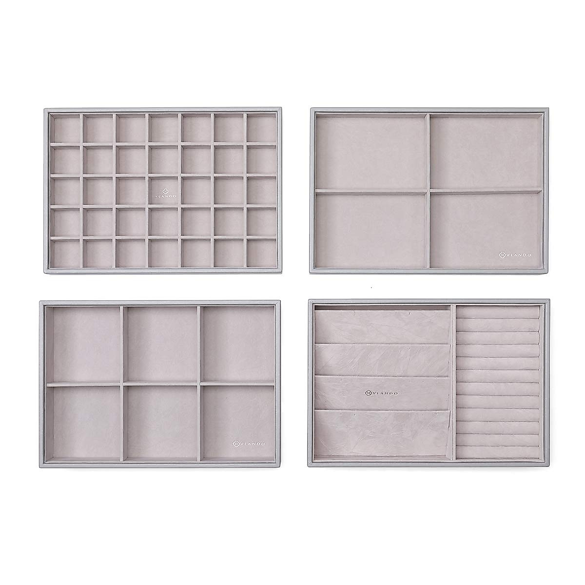 Vlando Jewelry Tray - Faux Leather Glass-top Jewelry Storage Organizer - Earring Necklace Bracelet Ring Display Desktop Drawer Chest, 4-Layer w/Clear Lid, Grey