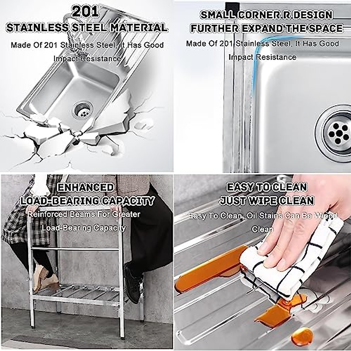 Farmhouse Kitchen Sink Stainless Steel Sink Home Sink Vegetable Basin Single Sink Workstation Outdoor Sink W/Workbench Double Storage Shelves Indoor Outdoor (Size : 75x40x75cm/29.5x15.7x29.5in)