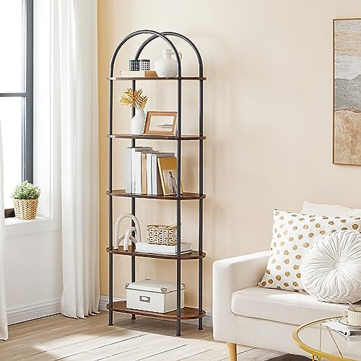HOOBRO 5 Tier Bookshelf, Industrial Bookcase Arched, Tall Standing Bookshelves and Bookcases, Open Storage Shelves, Wooden Book Shelf for Bedroom, Living Room, Rustic Brown Bookshelf BF176SJ01