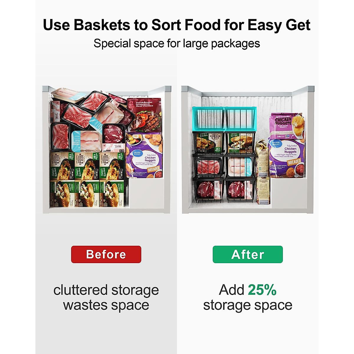 iSPECLE Chest Freezer Organizer, 4 Pack Stackable Baskets with Handles Pantry Organization and Storage for Chest Freezer Pantry, Black