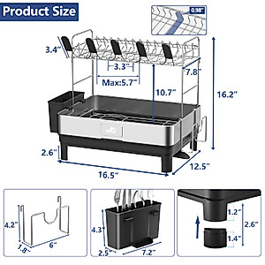 Gxpxlx 2 Tier Dish Drying Rack, 304 Stainless Steel Drying Dishwashing Rack with 360° Rotating Spout, Auto-Drain Dish Drainers with Drainboard, Utensil Holder, Large Dishrack for Kitchen Counter