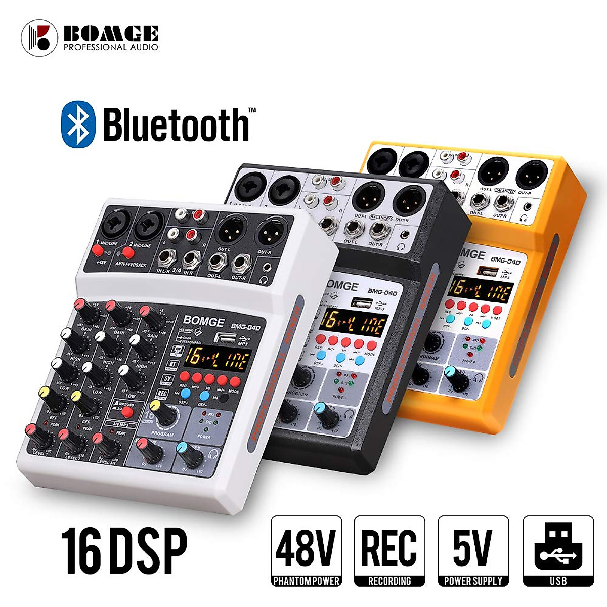 BOMGE 4 Channel dj Bluetooth Audio Mini Mixer with Effects, USB Interface, Stereo Recording, 48V Phantom Power for PC,phone(White)