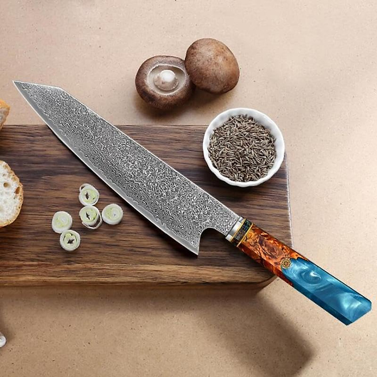 Seido Knives Kiritsuke Damascus Steel Chef Knife Epoxy Resin Stabilized Wood Handle Professional Kitchen Knife VG10 High Carbon Stainless Steel, Sky Blue