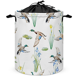 Flying Mallard Ducks Yellow and Blue Iris Lotus with Leaves on White Drawstring Collapsible Canvas Storage Basket, with Handles Foldable Storage Bin, Durable for Laundry Toys Clothes Bedroom Office