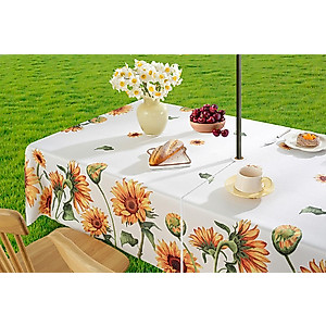 MATIRUG Outdoor Sunflower Tablecloths with Umbrella Hole,Zipper 60x102 Inch Rctangluar, Spillproof Washable Watercolor Sunflower Floral Fabric Table Cloth,Table Cover for Picnic Dinner Patio