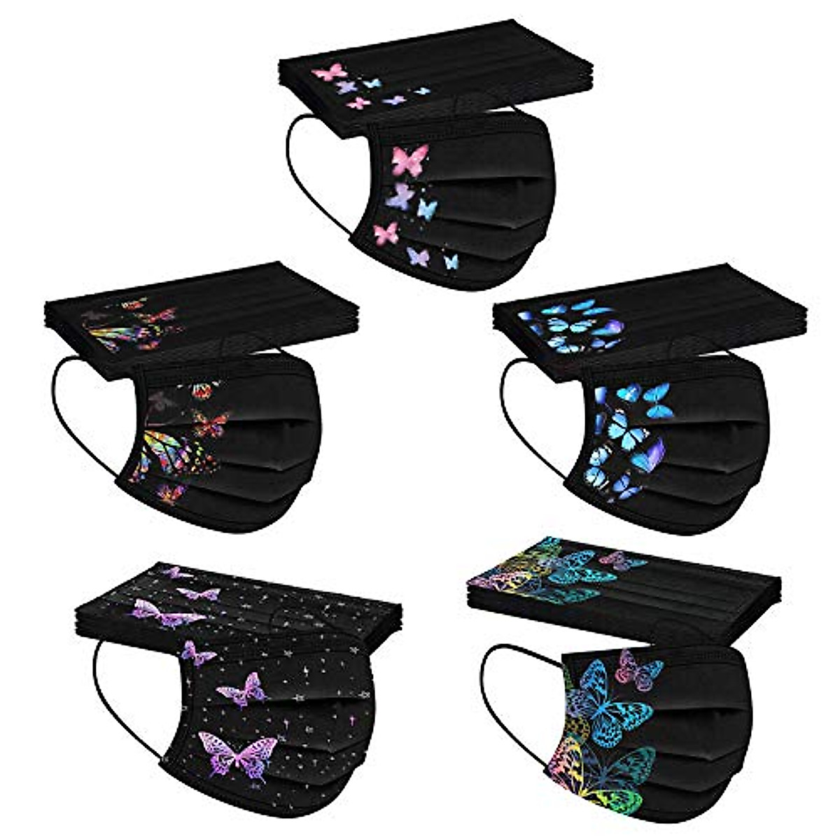 50Pcs Black Disposable Face_mask with Designs for Women Men Adults Cute Colorful Butterfly Printed Paper Face_mask