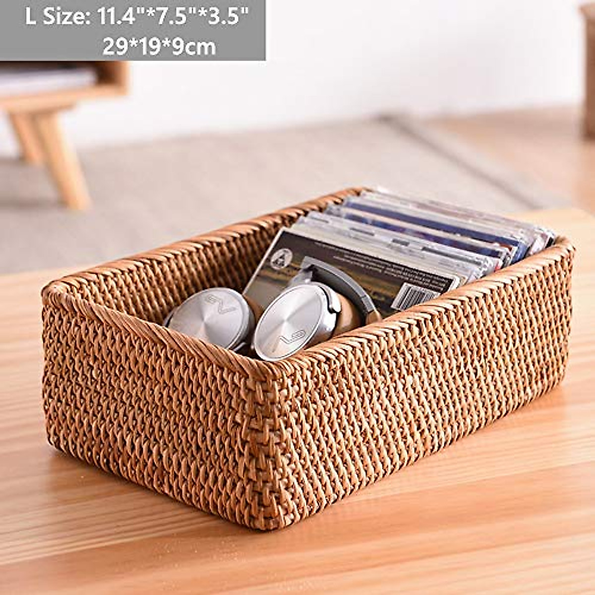 amololo Handmade Rectangle Wicker Fruit Box Rattan Tray Magazine Organizer and Small Objects Container Serving Basket (Large)