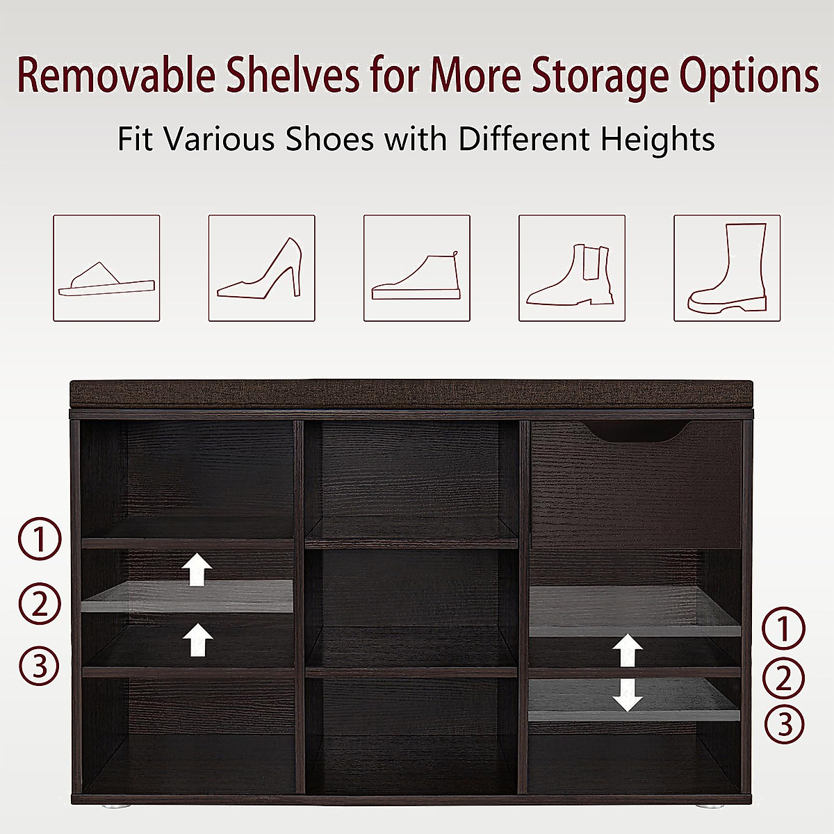 DINZI LVJ Shoe Bench, Entryway Storage Bench with Drawer and 8 Cubbies, Cubby Shoe Rack with Adjustable Shelves, Shoe Organizer Cabinet for Living Room, Bedroom, Mudroom, Closet and Garage, Espresso