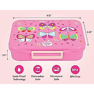 KOMUNURI LeakProof Bento Lunch Box for Kids, 4 or 5 Compartments, Microwave Safe, Dishwasher Safe, BPA Free, Lightweight, Kid Friendly Latch (True Pink - Butterflies & Flowers)