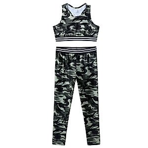 CHICTRY Kids Girls' 2 Piece Athletic Leggings with Tank Crop Tops Outfits sets for Gymnastics Sports Workout Fitness Camouflage Green 10-12 Years