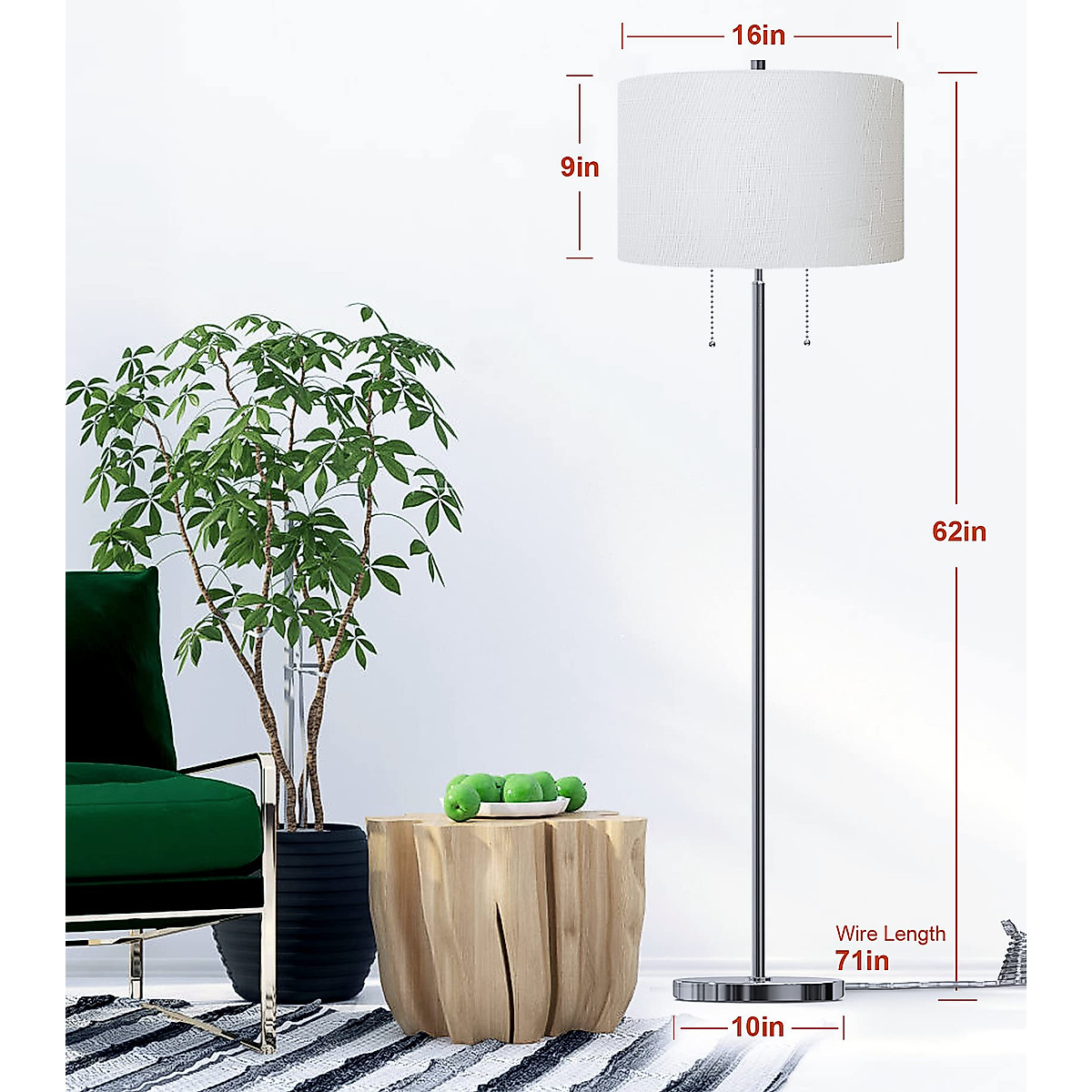 DEEPLITE Modern Floor Lamp, Tall Standing Lamp with 2 Bulb Socket for Office Bedroom Living Room Bright Lighting, Brushed Nickel Body, White Lampshade