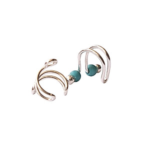 Handmade Silver Wire 2Pcs Adjustable Ear Swirl & Turquoise Ear Cuffs Non-Piercing Earring, 925 Sterling Silver, Fake Cartilage Helix Non-Pierced Ear Wrap Clip on for Women, By Miya Jewelry