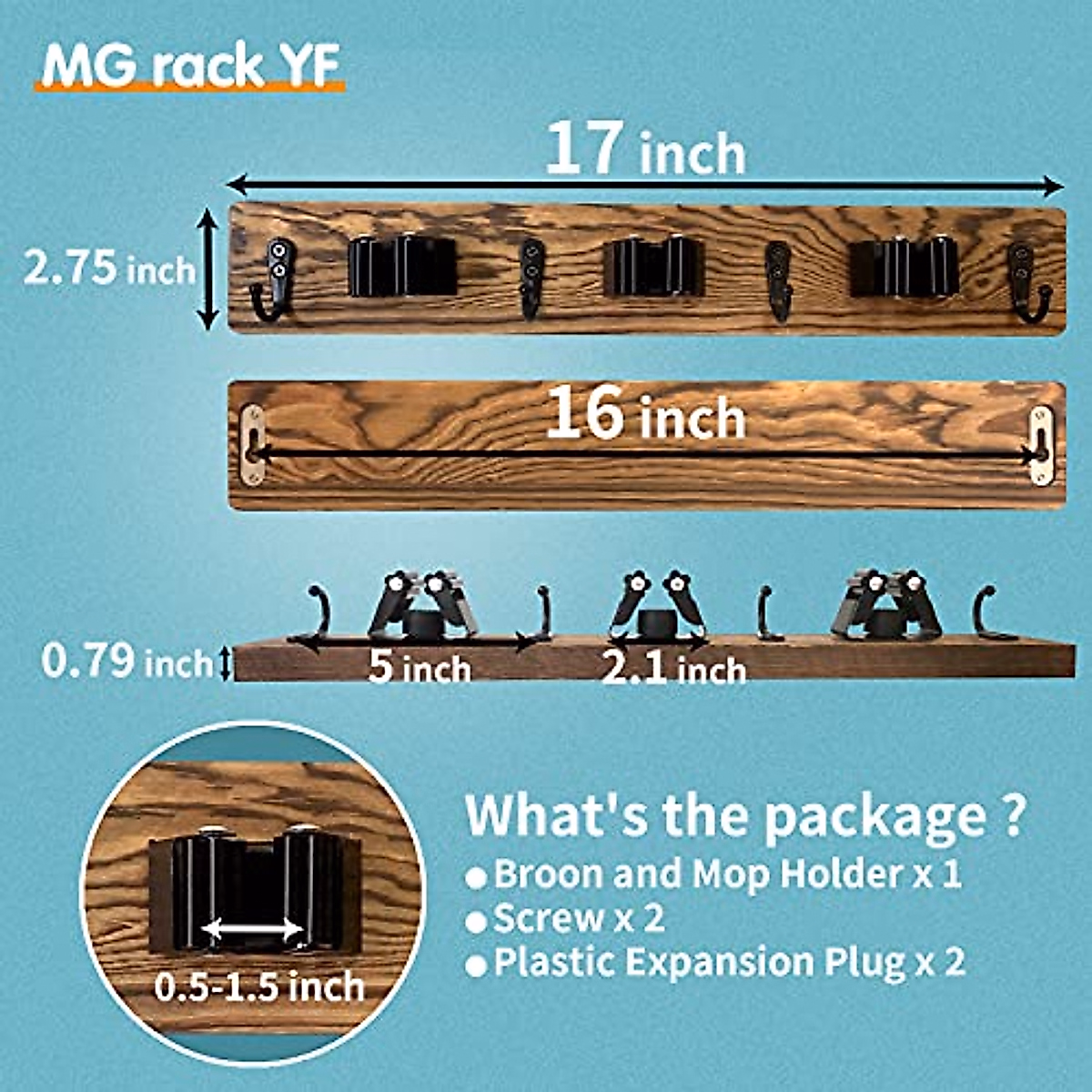 MG rack YF Mop and Broom Holder Wall Mount, Rustic Solid Wood Holder Garden and Kitchen Garage Tool Organizer Wall Hanger for Home Goods (3 Positions with 4 Hooks)