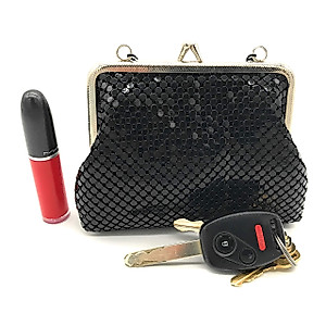 X-Small Women clutch metal mesh purse Hand strap carry for Cocktail Party Prom Wedding Banquet (Black)