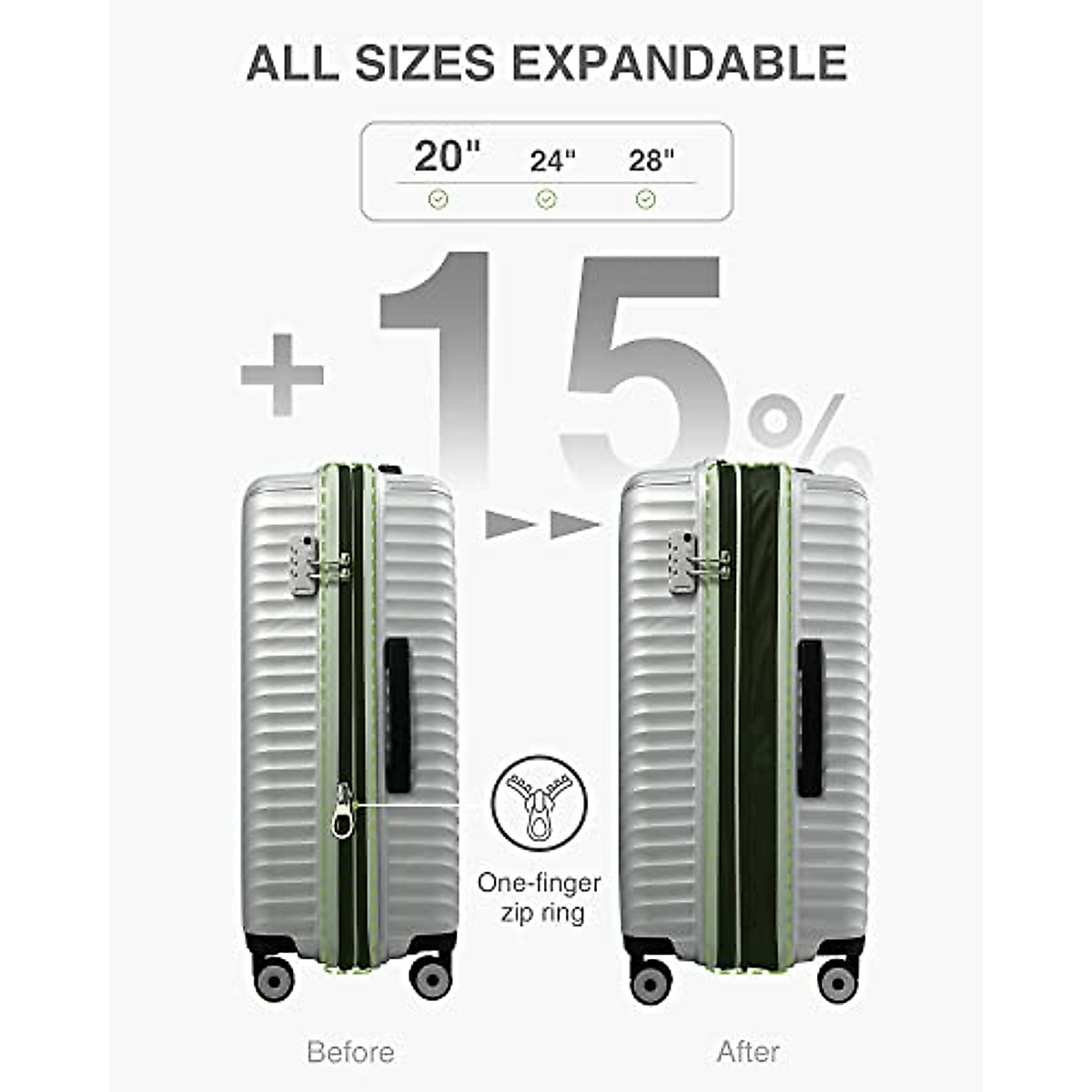 LUGGEX Silver Luggage Sets 3 Piece with Spinner Wheels - Expandable Carry on Suitcase Set of 3 - Travel Lightweight Luggage Sets 3 Piece without USB Port