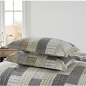 Qiqiong Quilt King Size,Patchwork Quilt Bedding Set 100% Cotton Plaid Bedspread King Size Lightweight Coverlet Comforter Set Quilted Bedspreads All Season,Gray/Charcoal/Cream/Beige 3 Pieces