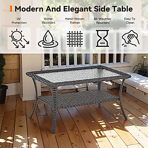 Outdoor Coffee Table - Patio Rattan Wicker Coffee Table with Tempered Glass Top and 2-Tier Storage Outdoor Table for Deck Porch Balcony Garden - Brown