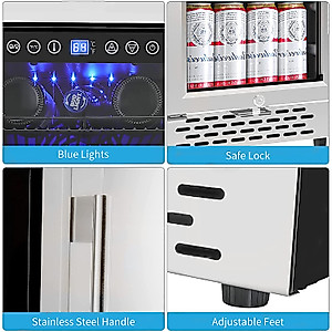 COLZER 15 inch Beverage Refrigerator with Glass Door 126 Cans Mini Beverage Cooler Under Counter Freestanding Built in Centre Garage Fridge with Lock for Drink Beer Soda Wine Water