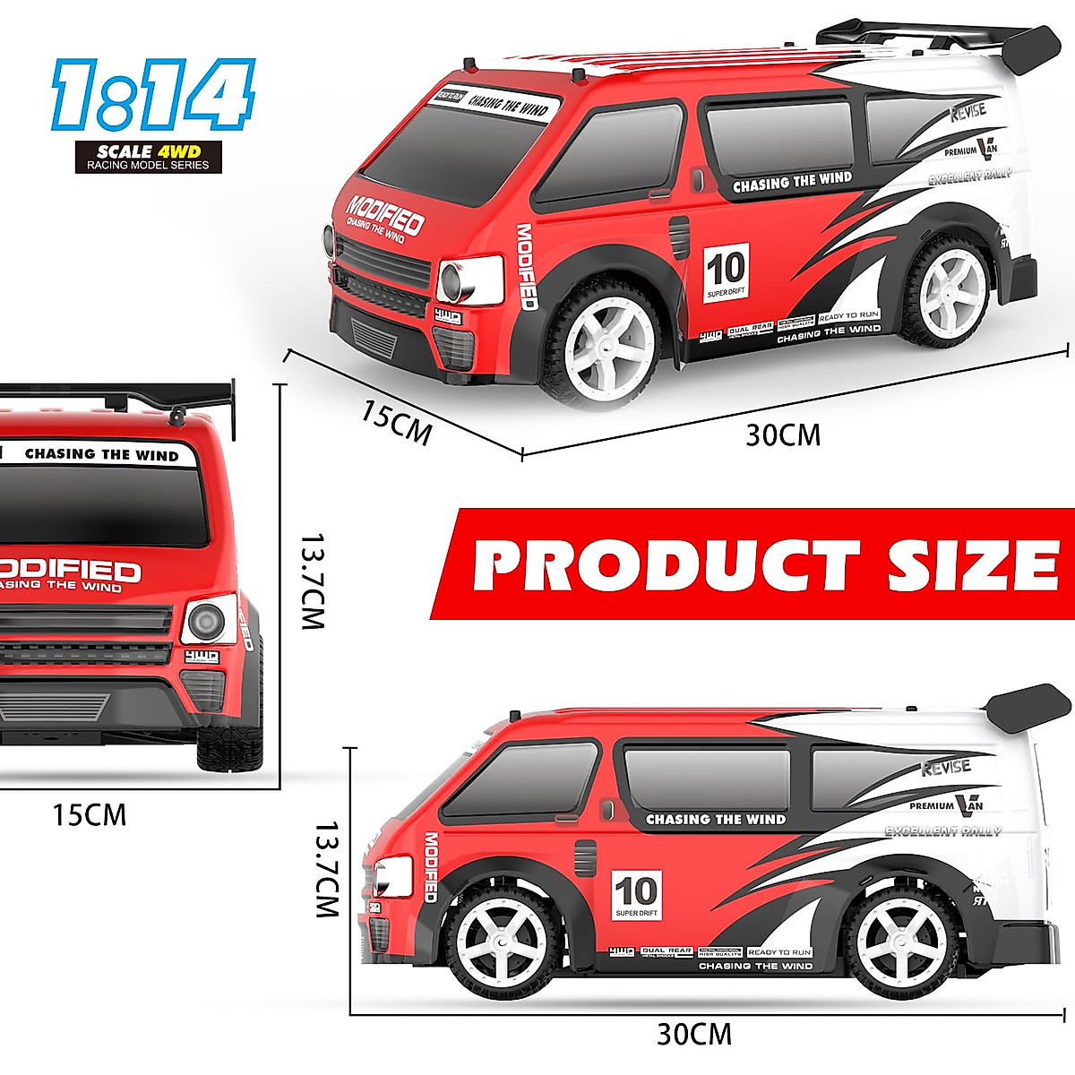 LOOZIX Drift RC Car, 1: 14 Scale 4WD 4X4 2.4Ghz Remote Control Truck Van, Ready to Run, RC On-Road Racing Car with LED Light for Boys Age 8-12 Years Old