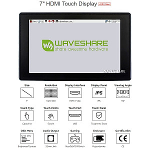 [Latest Version] Waveshare 7inch Capacitive Touch Screen LCD Monitor for Raspberry Pi 5 RPi 400 4 3 Model B Compatible with All Versions of Raspberry Pi Windows with HDMI/VGA Port with Case