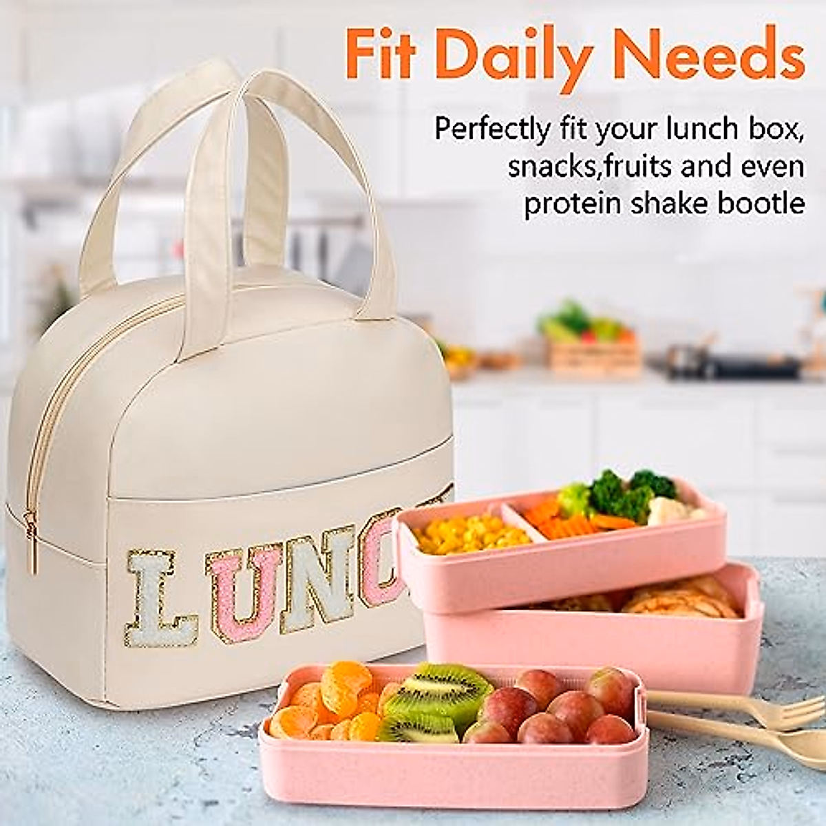 DIRGEE Lunch Bag for Women Insulated Lunch Bag For Men PU leather Small Lunch Bag for Office Work lunch Bag with Chenille Letters Leakproof Freezable Cooler Bag Reusable Portable Lunch Box (White)
