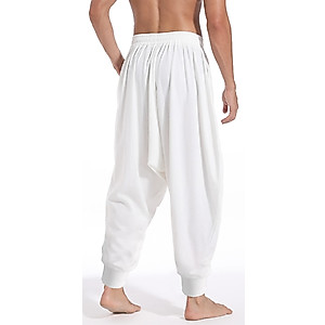 AITFINEISM Men's Drawstring Aladdin Hippie Harem Pants Loose Drop Crotch Trousers (X-Large, White)