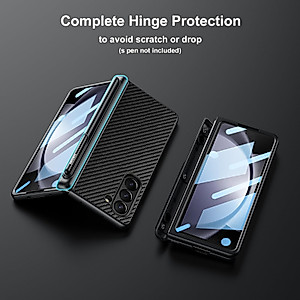Libeagle Compatible with Samsung Galaxy Z Fold 5 Case, Support All Magsafe Accessories, Leather Back, Include Both Removable Old & New Slim S Pen Holder (2023) on Hinge,Cover 5G-Carbon Fiber