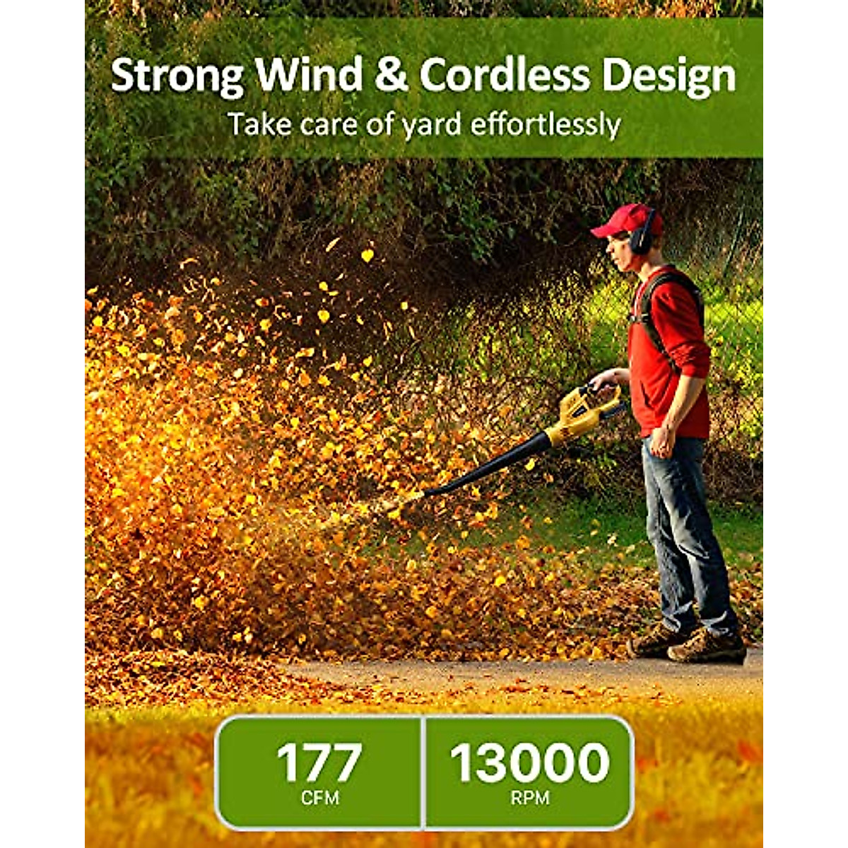 OMOTE Cordless Leaf Blower with Battery & Charger, Low Noise, Lightweight, Easy One-Button Control, Battery Powered, 177 CFM for Blowing Leaves, Lawn Care, Dust & Other Debris